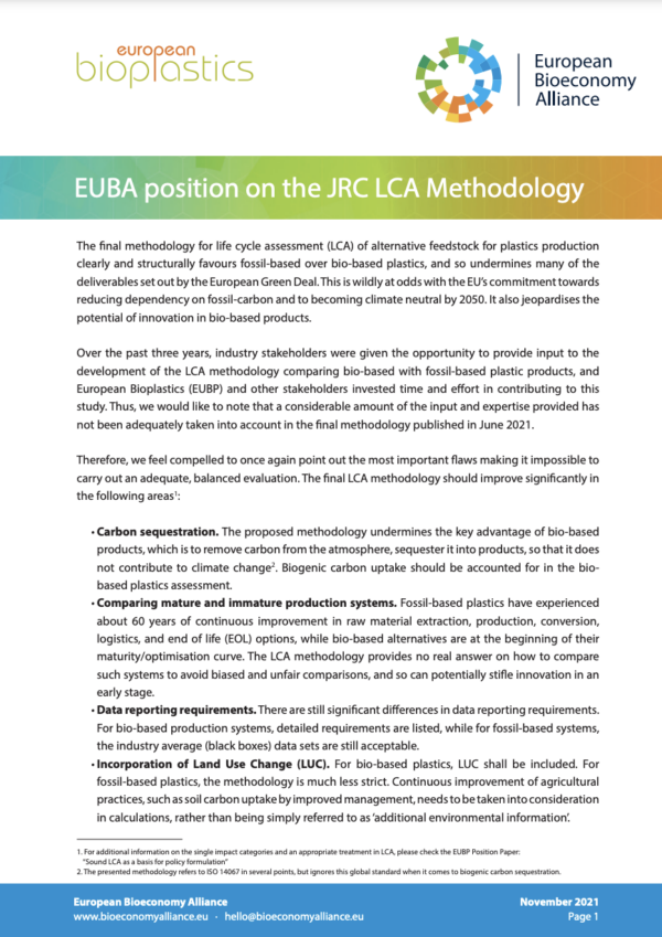 EUBA position on the JRC LCA Methodology – European Bioplastics e.V.